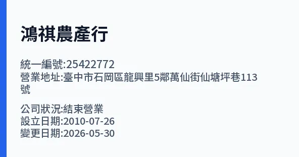 鴻祺農產行的照片-統編 25422772(臺中市) 公司登記資料與營業項目詳細圖表