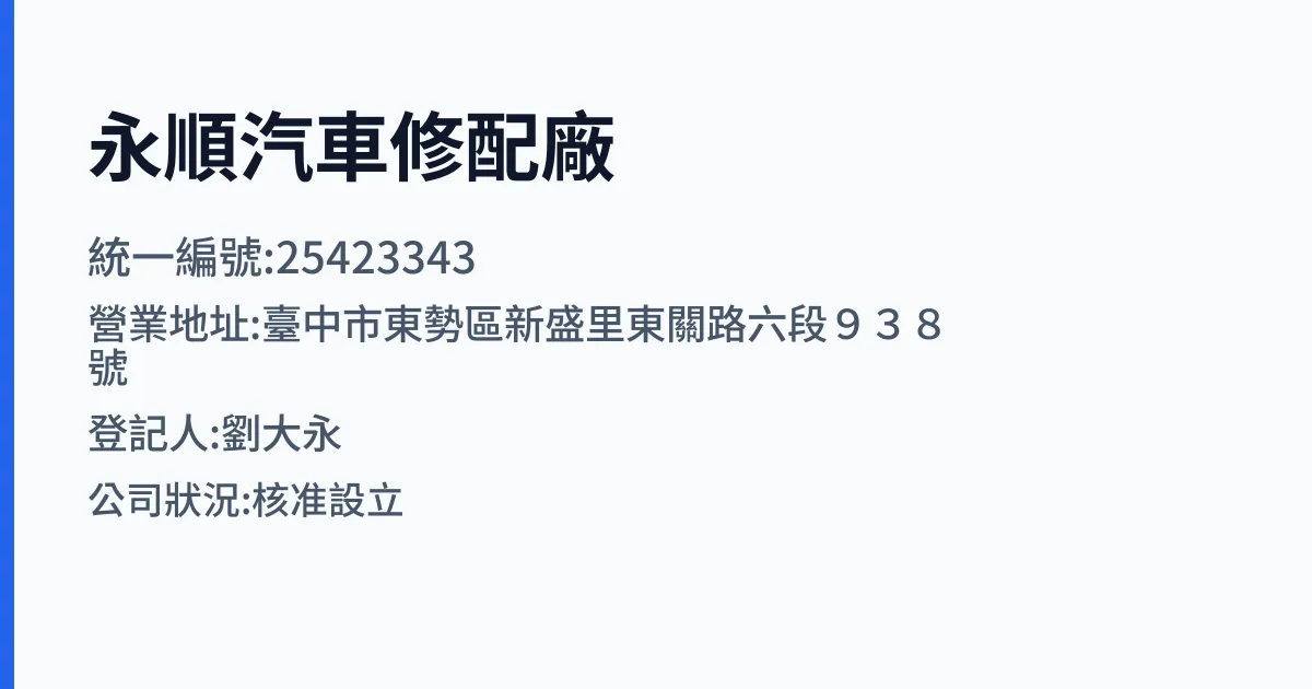 永順汽車修配廠 - 統編 25423343(臺中市) 公司登記資料與營業項目詳細圖表