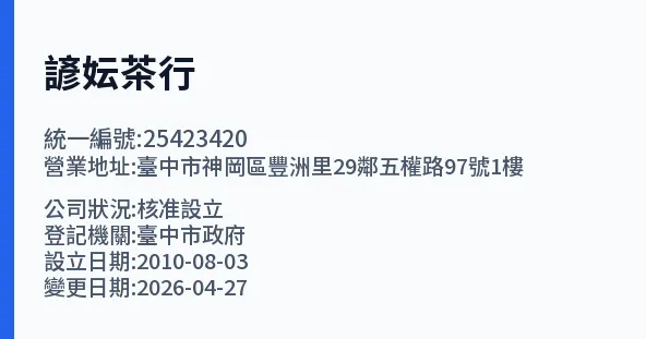 諺妘茶行的照片-統編 25423420(臺中市) 公司登記資料與營業項目詳細圖表