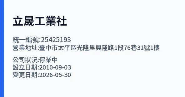 立晟工業社的照片-統編 25425193(臺中市) 公司登記資料與營業項目詳細圖表