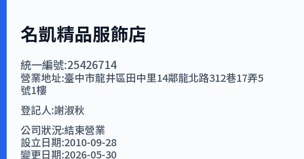 名凱精品服飾店的照片-統編 25426714(臺中市) 公司登記資料與營業項目詳細圖表