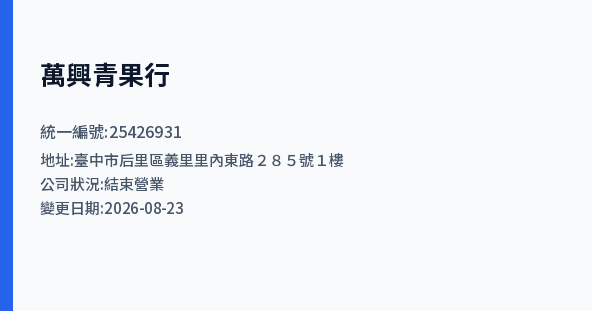 萬興青果行的照片-統編 25426931(臺中市) 公司登記資料與營業項目詳細圖表