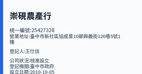 崇硯農產行的照片-統編 25427328(臺中市) 公司登記資料與營業項目詳細圖表