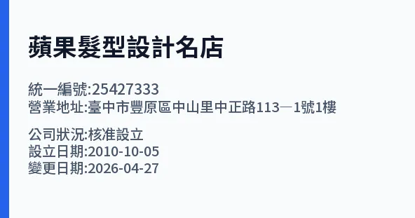蘋果髮型設計名店的照片-統編 25427333(臺中市) 公司登記資料與營業項目詳細圖表