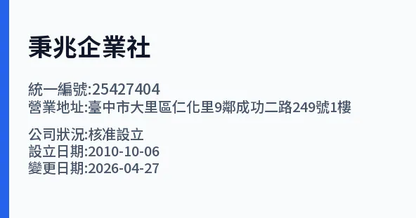 秉兆企業社的照片-統編 25427404(臺中市) 公司登記資料與營業項目詳細圖表