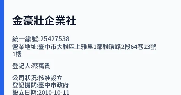 金豪壯企業社的照片-統編 25427538(臺中市) 公司登記資料與營業項目詳細圖表