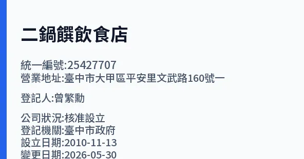 二鍋饌飲食店的照片-統編 25427707(臺中市) 公司登記資料與營業項目詳細圖表