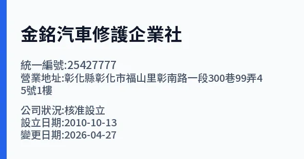 金銘汽車修護企業社的照片-統編 25427777(彰化縣) 公司登記資料與營業項目詳細圖表
