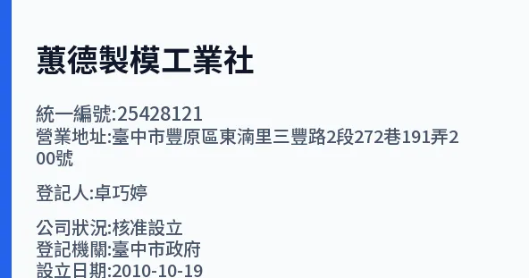 蕙德製模工業社的照片-統編 25428121(臺中市) 公司登記資料與營業項目詳細圖表