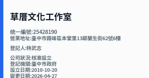 草厝文化工作室的照片-統編 25428190(臺中市) 公司登記資料與營業項目詳細圖表