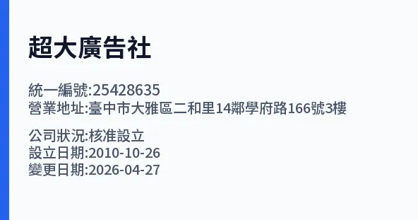 超大廣告社的照片-統編 25428635(臺中市) 公司登記資料與營業項目詳細圖表