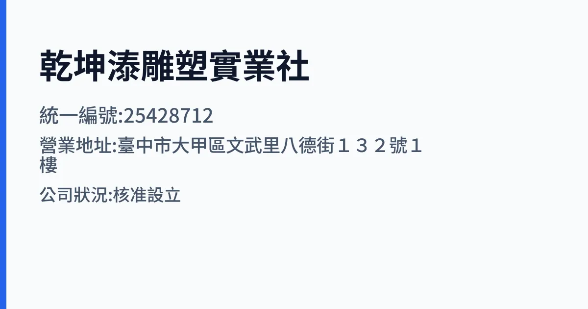 乾坤溙雕塑實業社 - 統編 25428712(臺中市) 公司登記資料與營業項目詳細圖表
