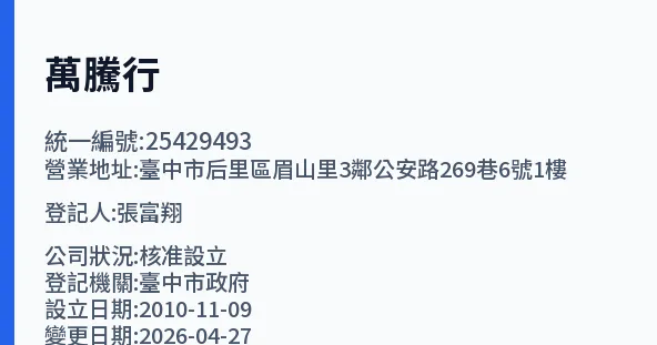 萬騰行的照片-統編 25429493(臺中市) 公司登記資料與營業項目詳細圖表