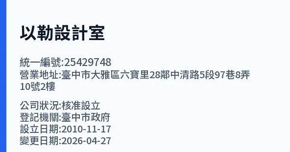 以勒設計室的照片-統編 25429748(臺中市) 公司登記資料與營業項目詳細圖表