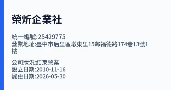榮炘企業社的照片-統編 25429775(臺中市) 公司登記資料與營業項目詳細圖表