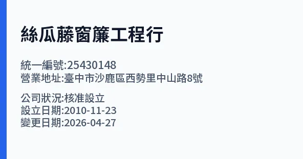 絲瓜藤窗簾工程行的照片-統編 25430148(臺中市) 公司登記資料與營業項目詳細圖表