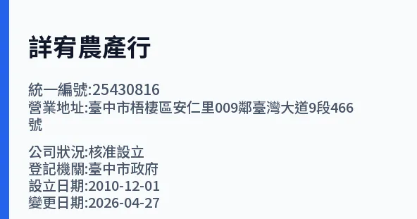 詳宥農產行的照片-統編 25430816(臺中市) 公司登記資料與營業項目詳細圖表