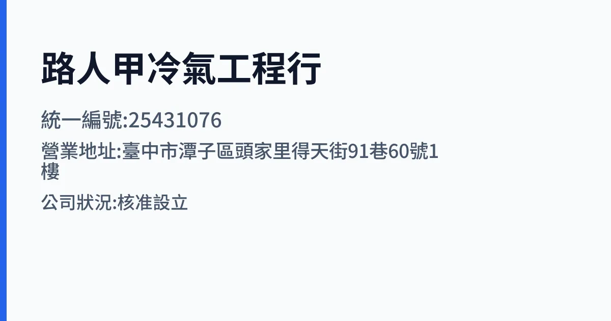 路人甲冷氣工程行 - 統編 25431076(臺中市) 公司登記資料與營業項目詳細圖表