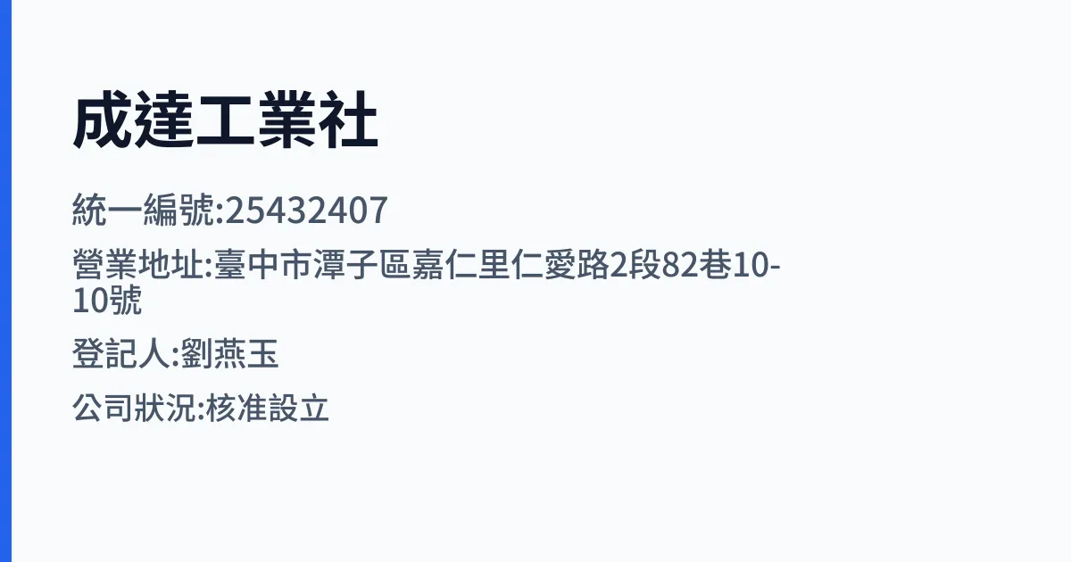 成達工業社 - 統編 25432407(臺中市) 公司登記資料與營業項目詳細圖表