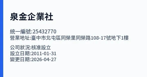 泉金企業社的照片-統編 25432770(臺中市) 公司登記資料與營業項目詳細圖表