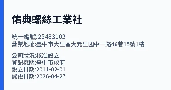 佑典螺絲工業社的照片-統編 25433102(臺中市) 公司登記資料與營業項目詳細圖表