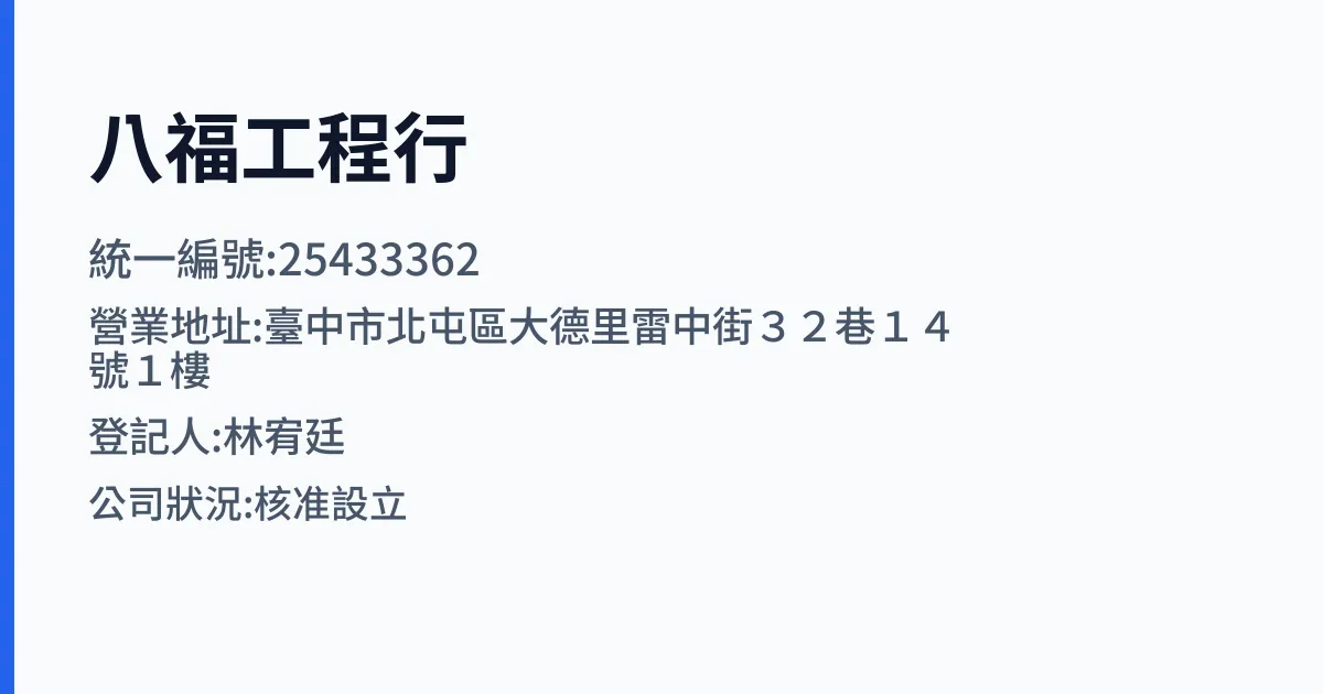 八福工程行 - 統編 25433362(臺中市) 公司登記資料與營業項目詳細圖表