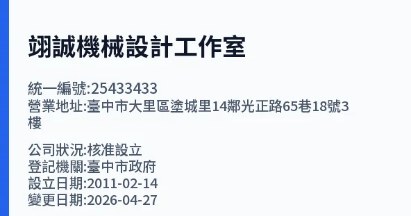 翊誠機械設計工作室的照片-統編 25433433(臺中市) 公司登記資料與營業項目詳細圖表