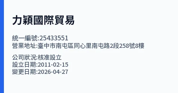 力穎國際貿易的照片-統編 25433551(臺中市) 公司登記資料與營業項目詳細圖表