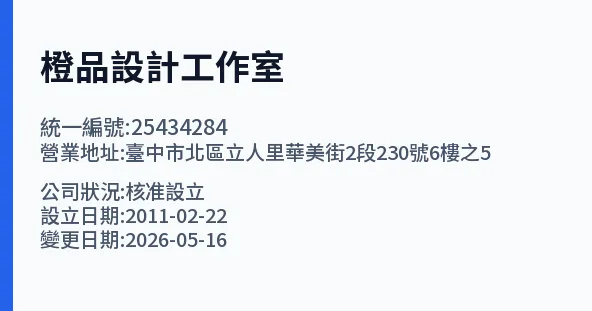 橙品設計工作室的照片-統編 25434284(臺中市) 公司登記資料與營業項目詳細圖表