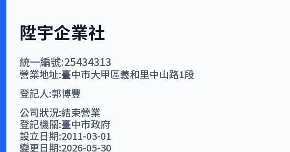 陞宇企業社的照片-統編 25434313(臺中市) 公司登記資料與營業項目詳細圖表