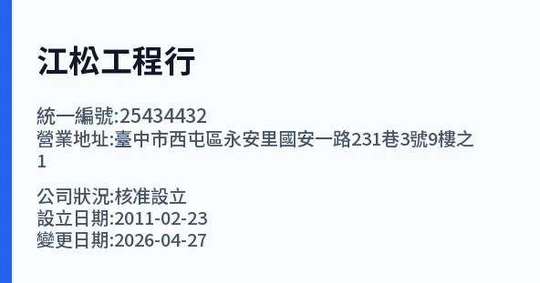 江松工程行的照片-統編 25434432(臺中市) 公司登記資料與營業項目詳細圖表