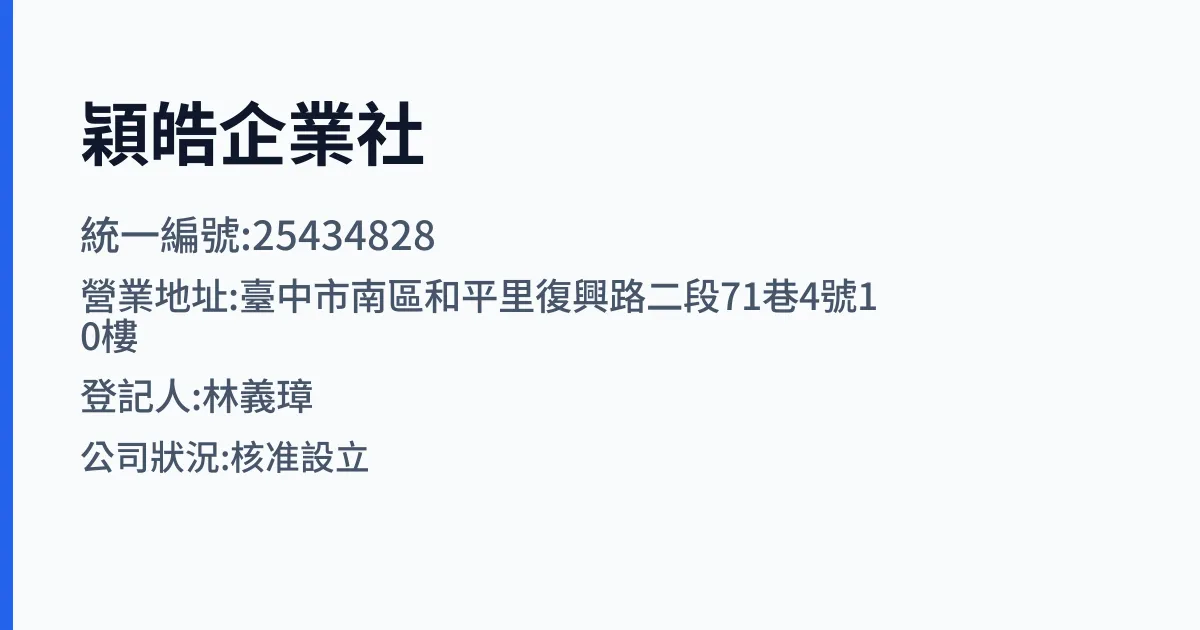 穎皓企業社 - 統編 25434828(臺中市) 公司登記資料與營業項目詳細圖表