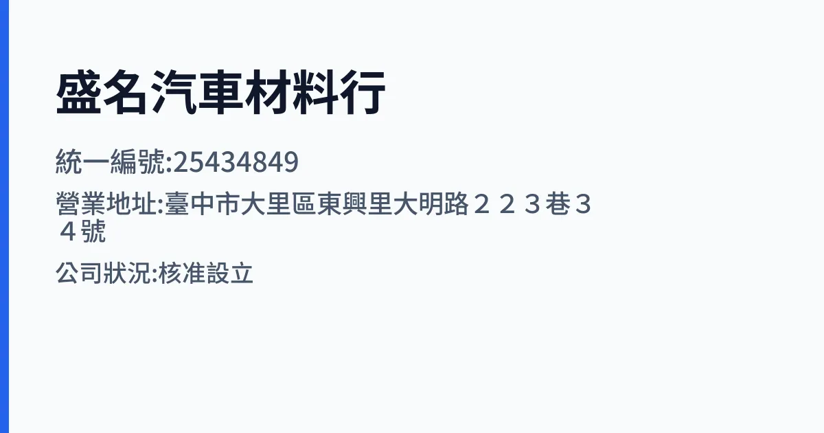 盛名汽車材料行 - 統編 25434849(臺中市) 公司登記資料與營業項目詳細圖表