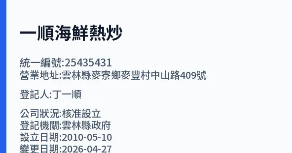 一順海鮮熱炒的照片-統編 25435431(雲林縣) 公司登記資料與營業項目詳細圖表