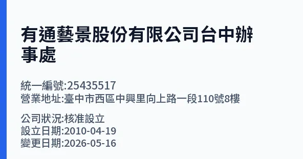 有通藝景股份有限公司台中辦事處的照片-統編 25435517(臺中市) 公司登記資料與營業項目詳細圖表