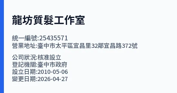 龍坊質髮工作室的照片-統編 25435571(臺中市) 公司登記資料與營業項目詳細圖表
