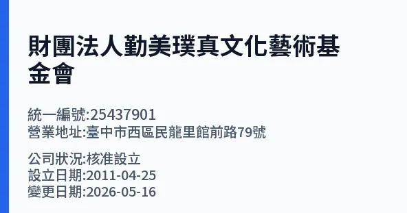 財團法人勤美璞真文化藝術基金會的照片-統編 25437901(臺中市) 公司登記資料與營業項目詳細圖表