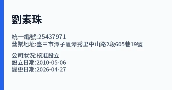 劉素珠的照片-統編 25437971(臺中市) 公司登記資料與營業項目詳細圖表