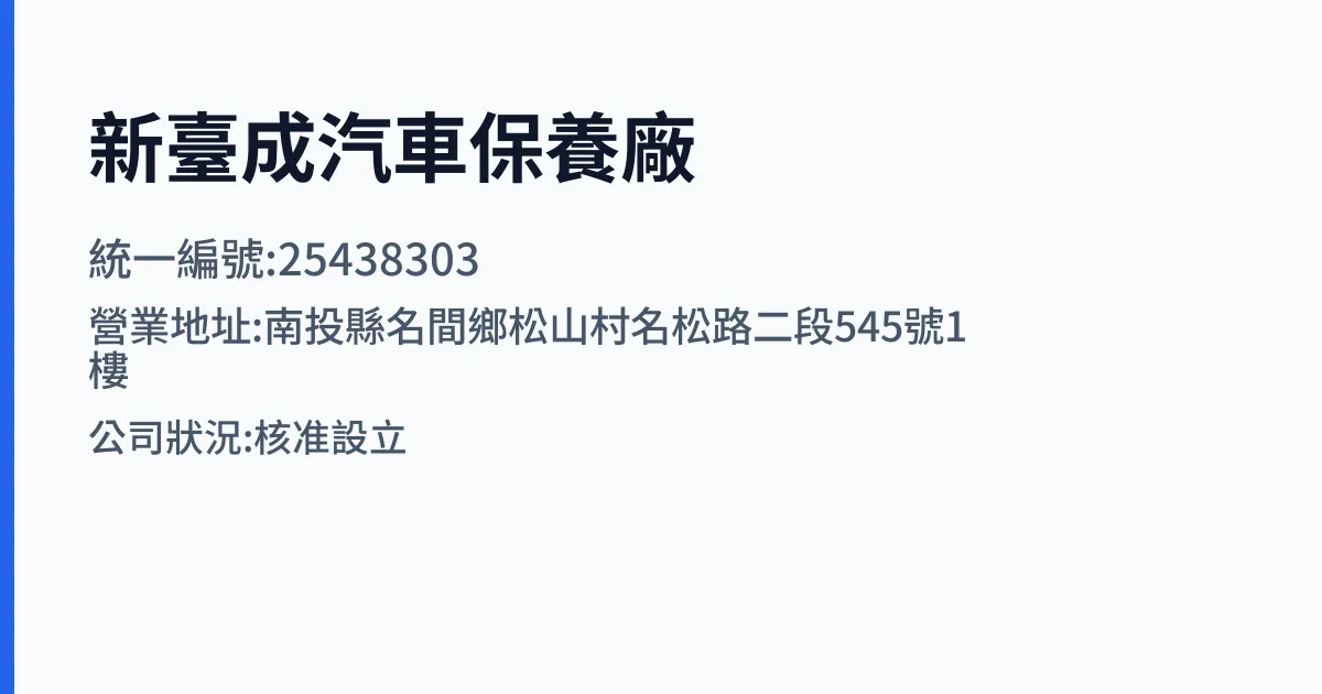 新臺成汽車保養廠 - 統編 25438303（南投縣） 公司登記資料與營業項目詳細圖表