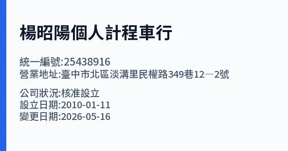 楊昭陽個人計程車行的照片-統編 25438916(臺中市) 公司登記資料與營業項目詳細圖表