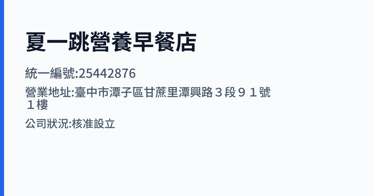 夏一跳營養早餐店 - 統編 25442876(臺中市) 公司登記資料與營業項目詳細圖表