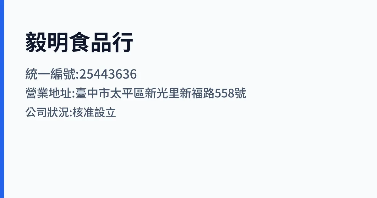 毅明食品行 - 統編 25443636(臺中市) 公司登記資料與營業項目詳細圖表