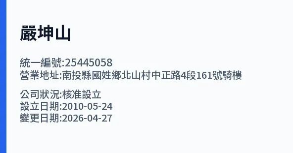 嚴坤山的照片-統編 25445058(南投縣) 公司登記資料與營業項目詳細圖表