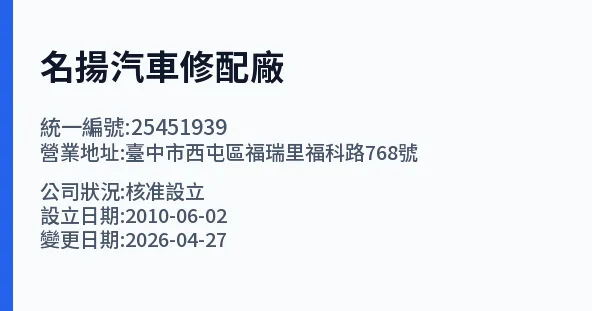 名揚汽車修配廠的照片-統編 25451939(臺中市) 公司登記資料與營業項目詳細圖表