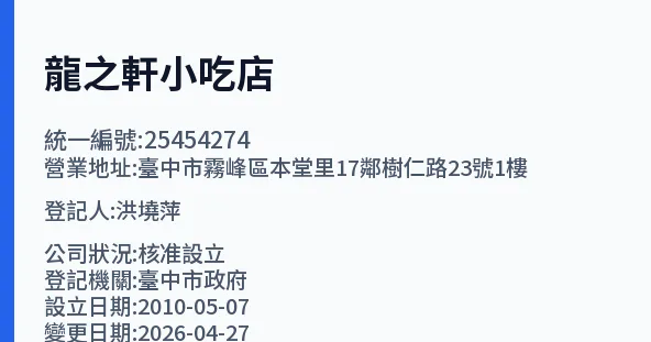 龍之軒小吃店的照片-統編 25454274(臺中市) 公司登記資料與營業項目詳細圖表
