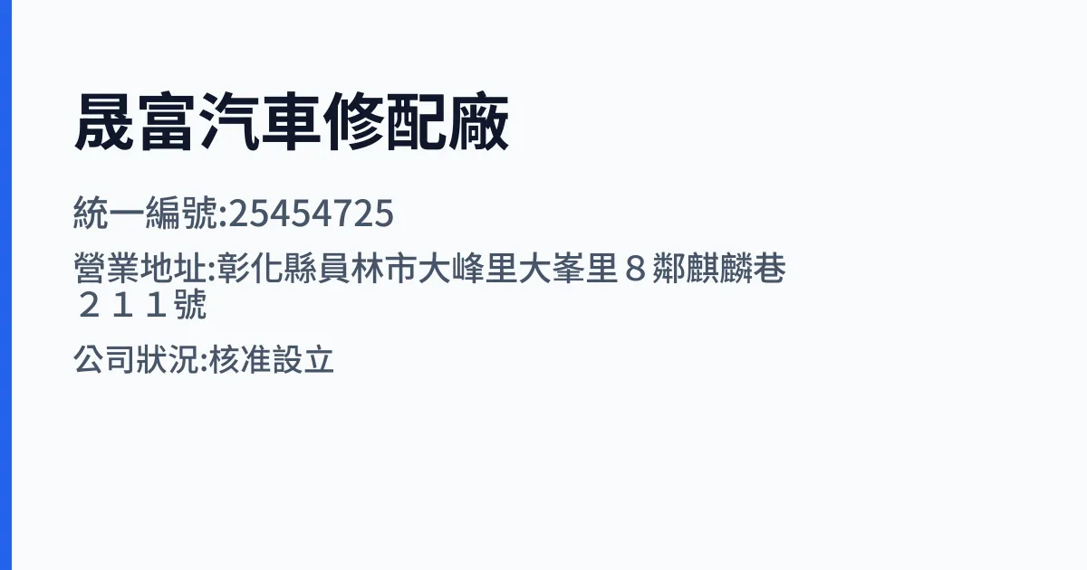 晟富汽車修配廠 - 統編 25454725(彰化縣) 公司登記資料與營業項目詳細圖表