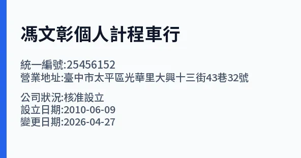 馮文彰個人計程車行的照片-統編 25456152(臺中市) 公司登記資料與營業項目詳細圖表