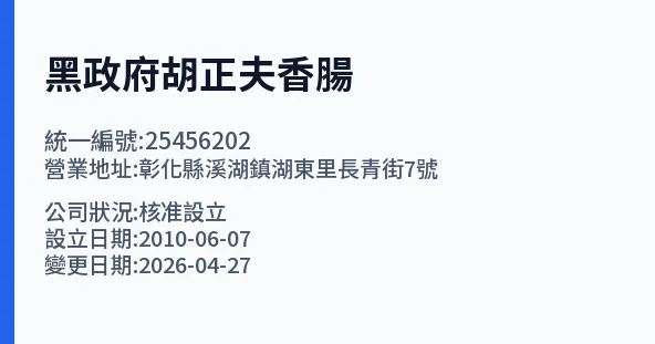 黑政府胡正夫香腸的照片-統編 25456202(彰化縣) 公司登記資料與營業項目詳細圖表