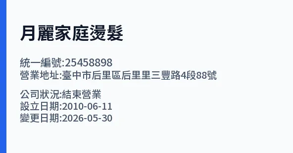 月麗家庭燙髮的照片-統編 25458898(臺中市) 公司登記資料與營業項目詳細圖表