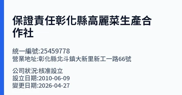 保證責任彰化縣高麗菜生產合作社的照片-統編 25459778(彰化縣) 公司登記資料與營業項目詳細圖表